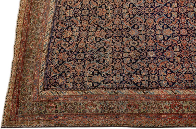 Antique Persian Mahal Handmade Blue and Rust Wool Rug with Mina Khani ...