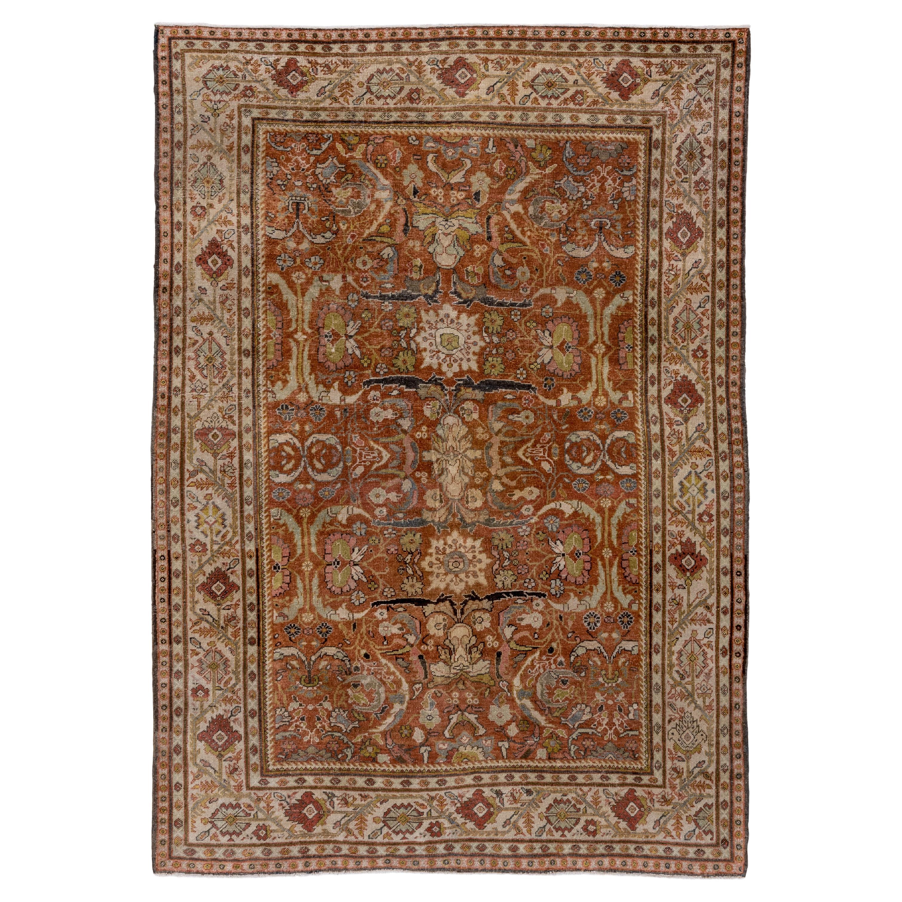Oversized Persian Oushak Rug with Rust-Colored Field and White Floral ...