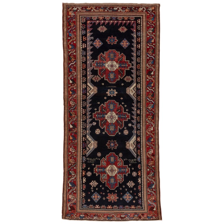 Antique Persian Malayer Long Rug, Navy Field, Bold Colors, circa 1930s ...