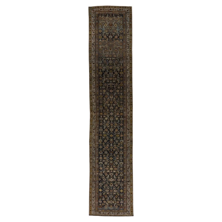 Antique Persian Malayer Long Runner, Charcoal Herati Field, Olive and ...