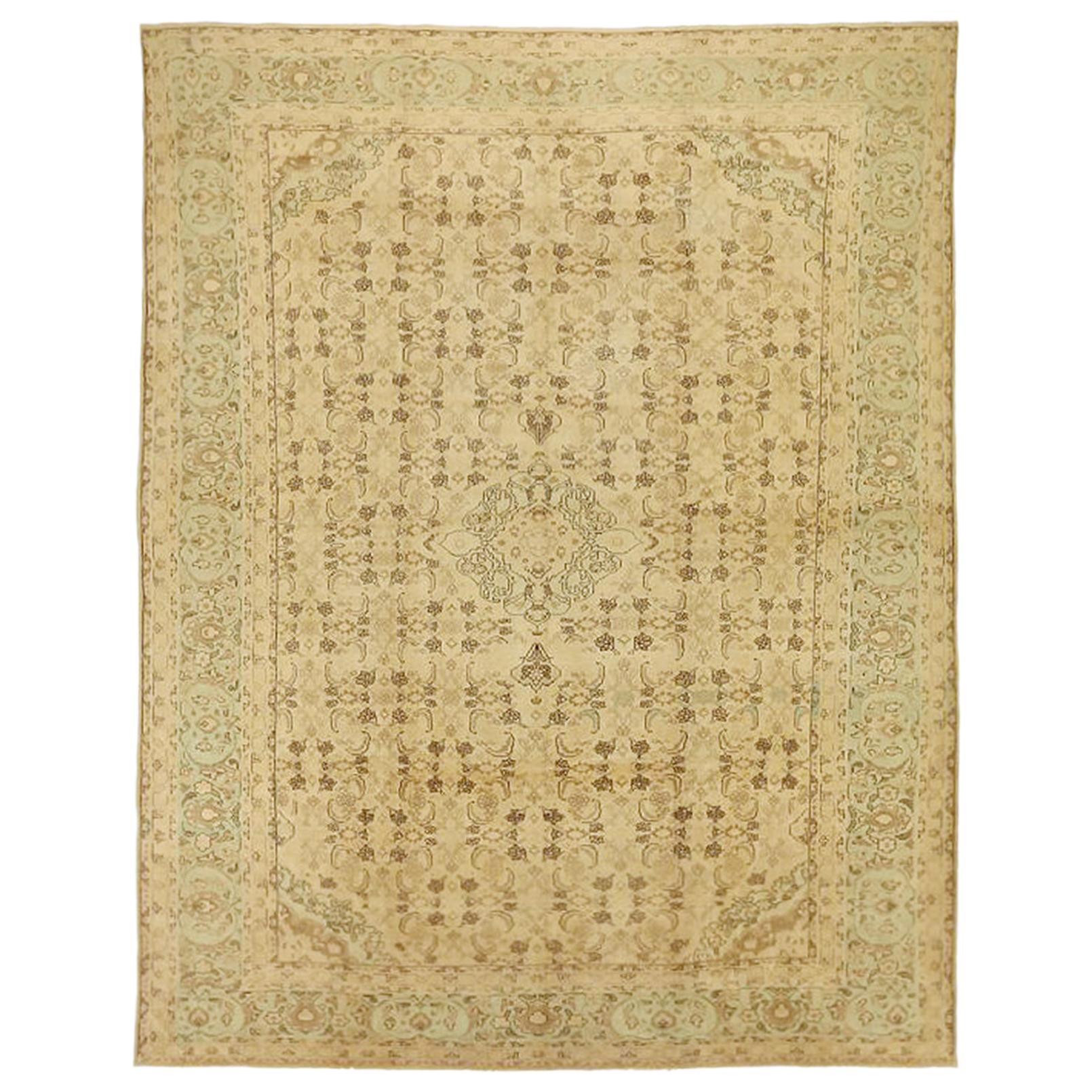 Large Persian Ghom Silk Rug with Green and Gold Floral Details For Sale ...
