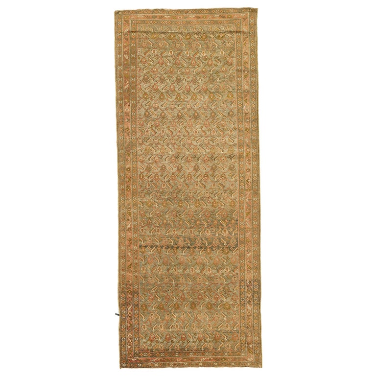 Antique Persian Malayer Runner Rug with Green and Pink Flower Heads All ...