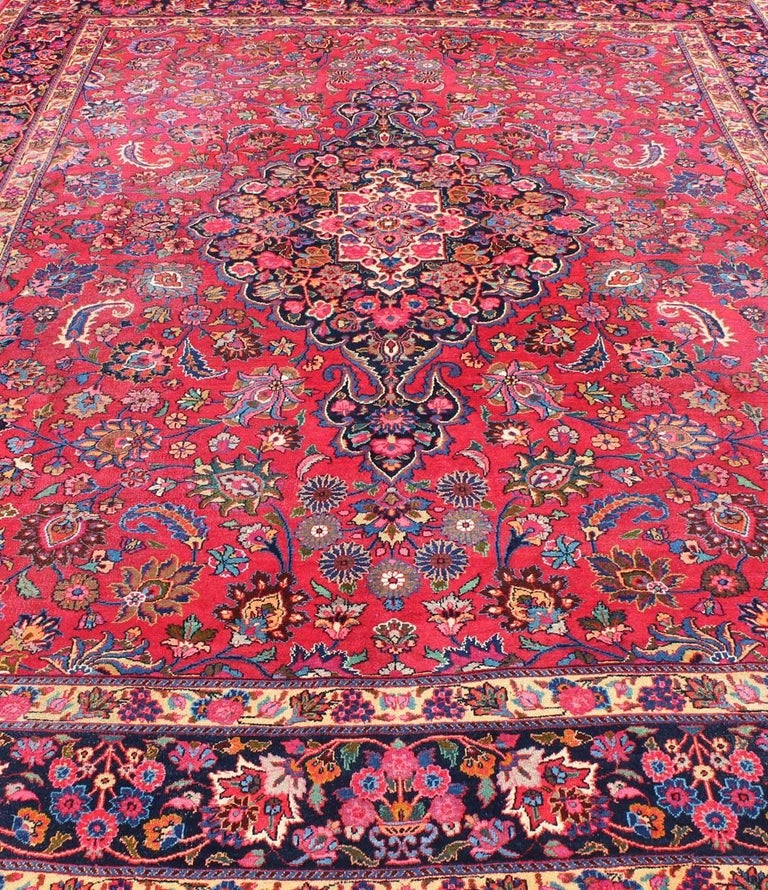 Antique Persian Mashad Rug with Floral Medallion Design in Raspberry ...