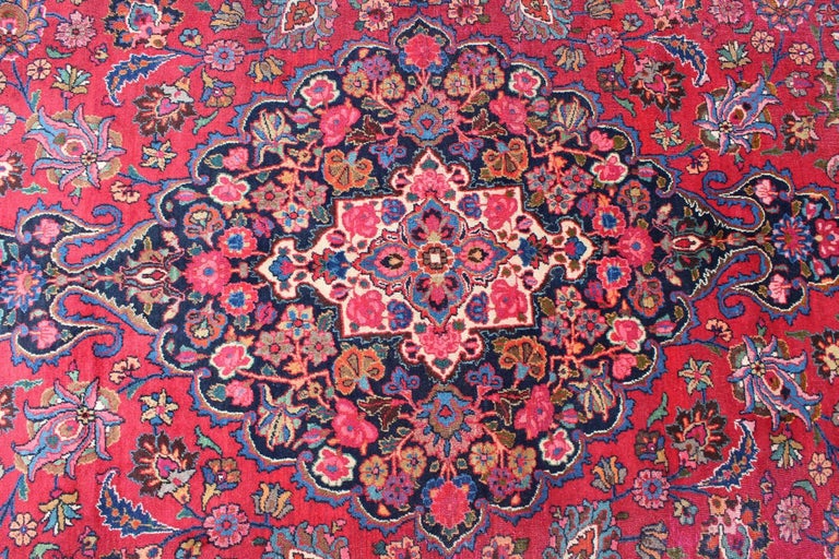 Antique Persian Mashad Rug with Floral Medallion Design in Raspberry ...