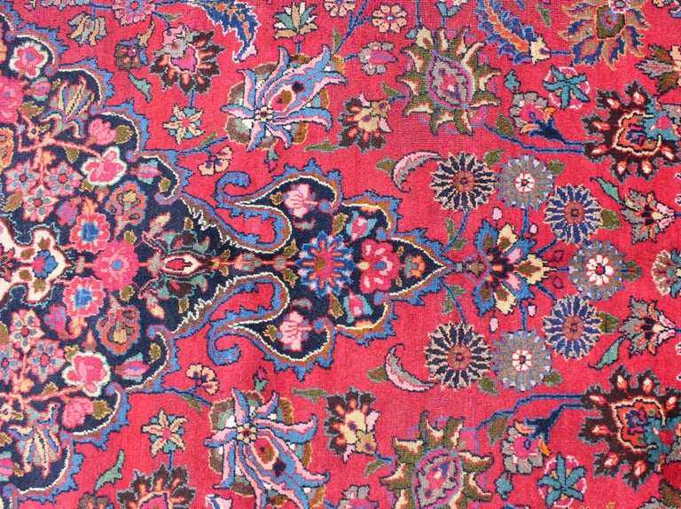 Antique Persian Mashad Rug with Floral Medallion Design in Raspberry ...