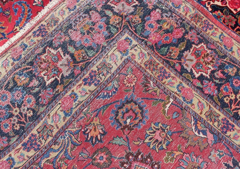 Antique Persian Mashad Rug with Floral Medallion Design in Raspberry ...