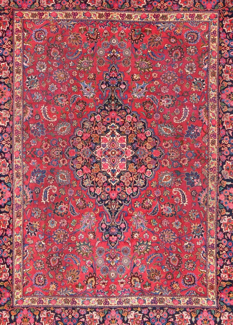 Antique Persian Mashad Rug with Floral Medallion Design in Raspberry ...