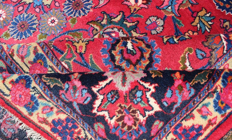 Antique Persian Mashad Rug with Floral Medallion Design in Raspberry ...