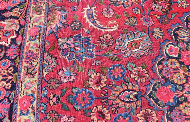 Antique Persian Mashad Rug with Floral Medallion Design in Raspberry ...