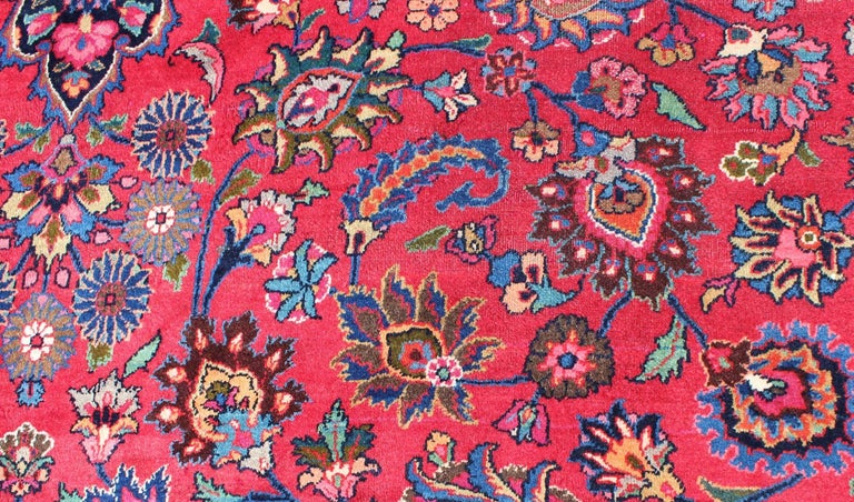 Antique Persian Mashad Rug with Floral Medallion Design in Raspberry ...
