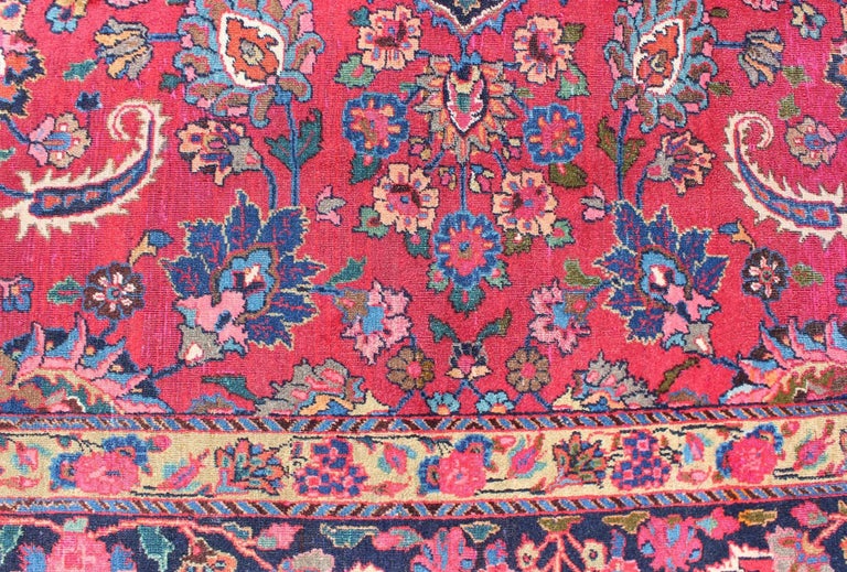 Antique Persian Mashad Rug with Floral Medallion Design in Raspberry ...