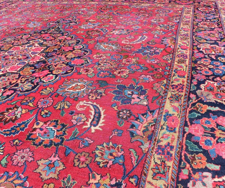 Antique Persian Mashad Rug with Floral Medallion Design in Raspberry ...