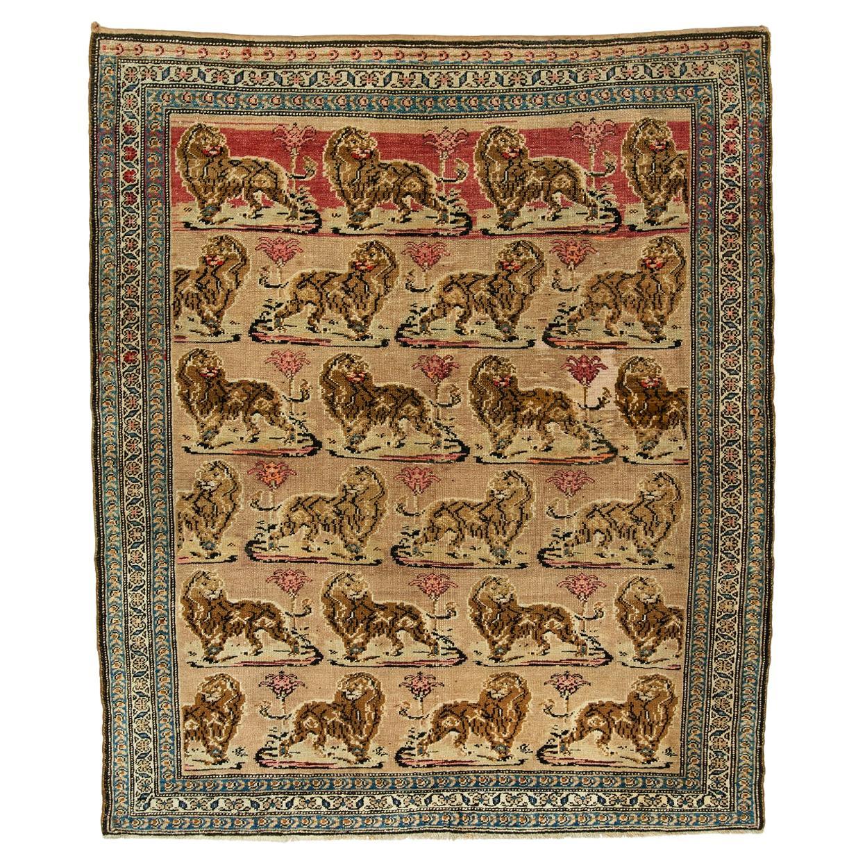 Antique Persian pictorial Shirfar lion rug For Sale at 1stDibs