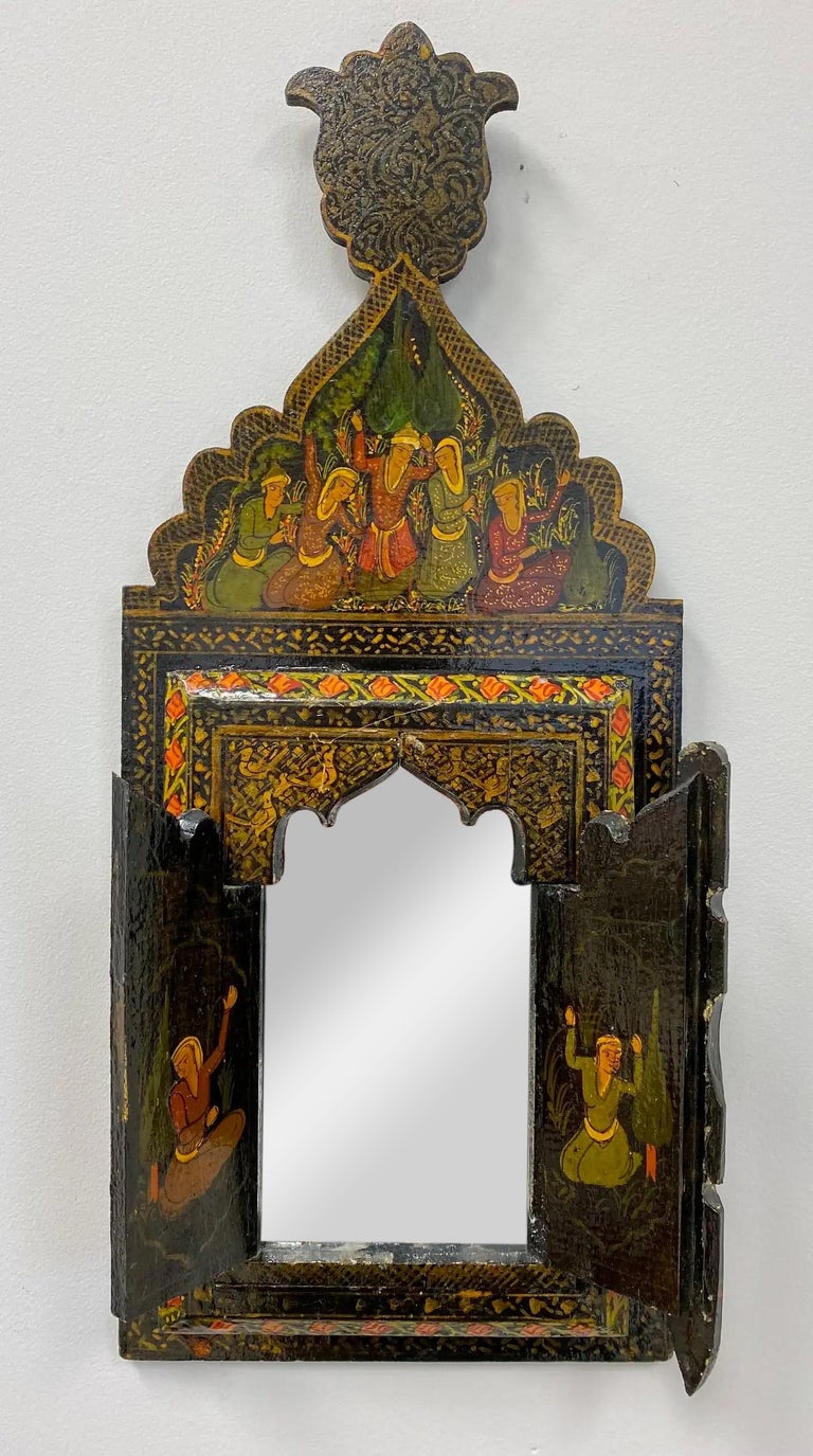 Antique Persian Qajar Wall Mirror Hand Painted with Two Doors at 1stDibs