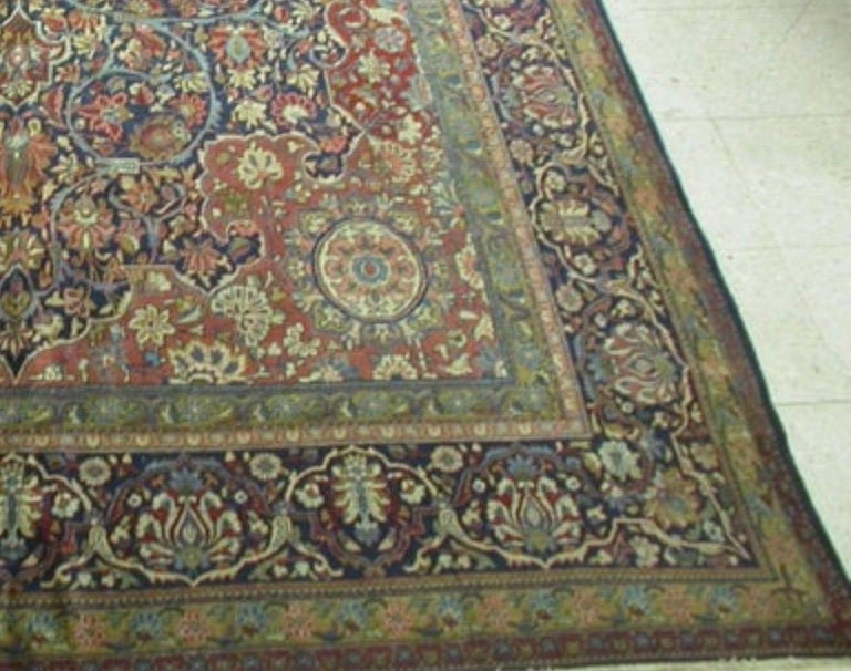 Antique Persian Red Ivory Green Floral Kashan Area Rug For Sale at 1stDibs
