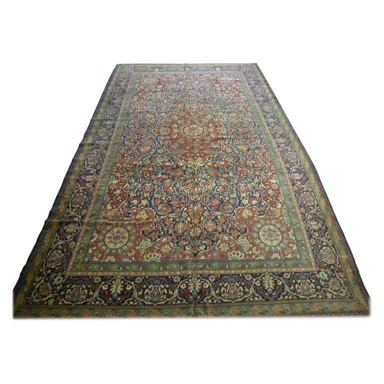 Antique Persian Red Ivory Green Floral Kashan Area Rug For Sale at 1stDibs