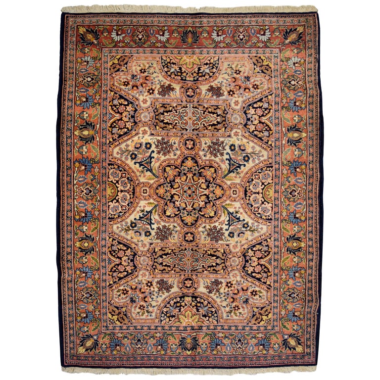 Antique 1930s Persian Semnan Rug in Cream, Black, and Pink, 5x7 For ...