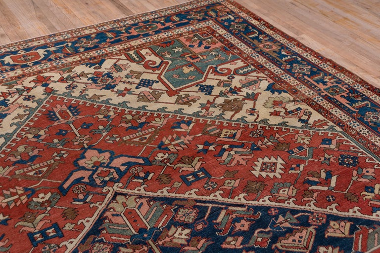 Antique Persian Serapi Rug, Rust Field, Blue Borders, Pink and Green ...