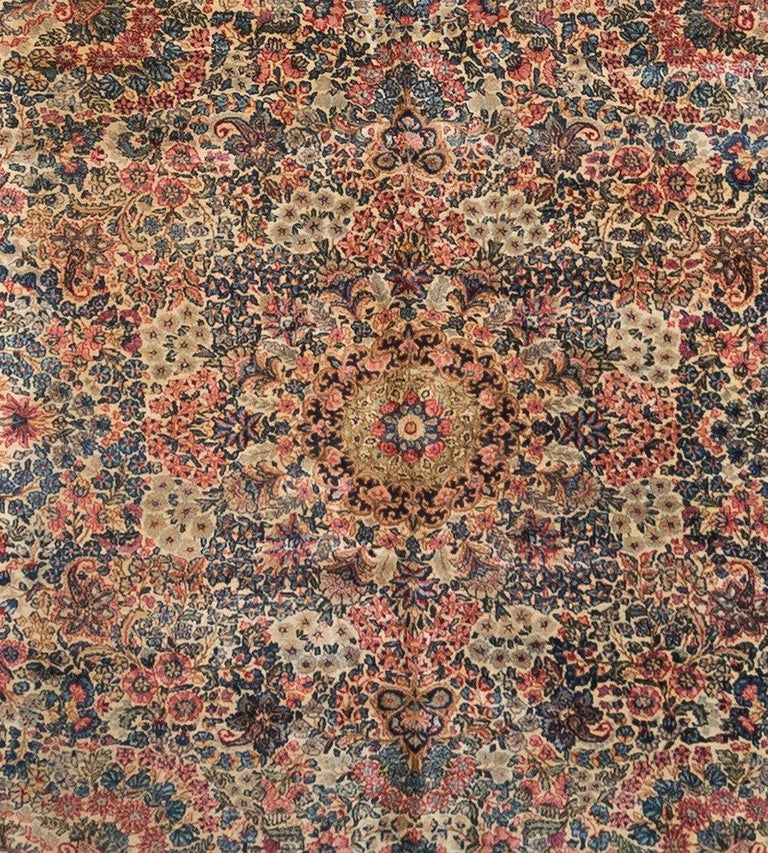 Antique Persian Square Rose Ivory Navy Blue Floral Kirman Rug, circa ...