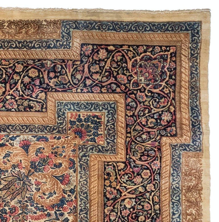 Antique Persian Square Rose Ivory Navy Blue Floral Kirman Rug, circa ...