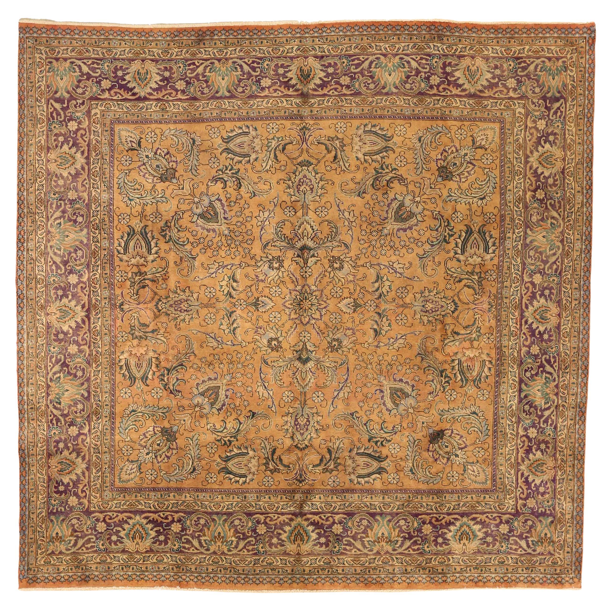 Square Antique Persian Tabriz in Grey, Blue and Brown with Floral ...