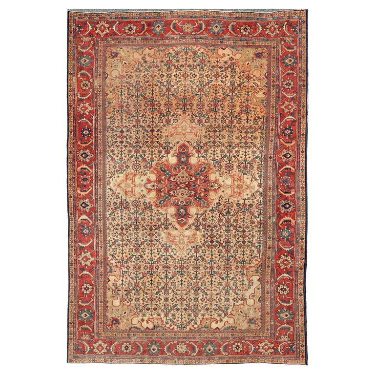 Antique Persian Sultanabad Rug in Herati Design with Ivory, Red and ...