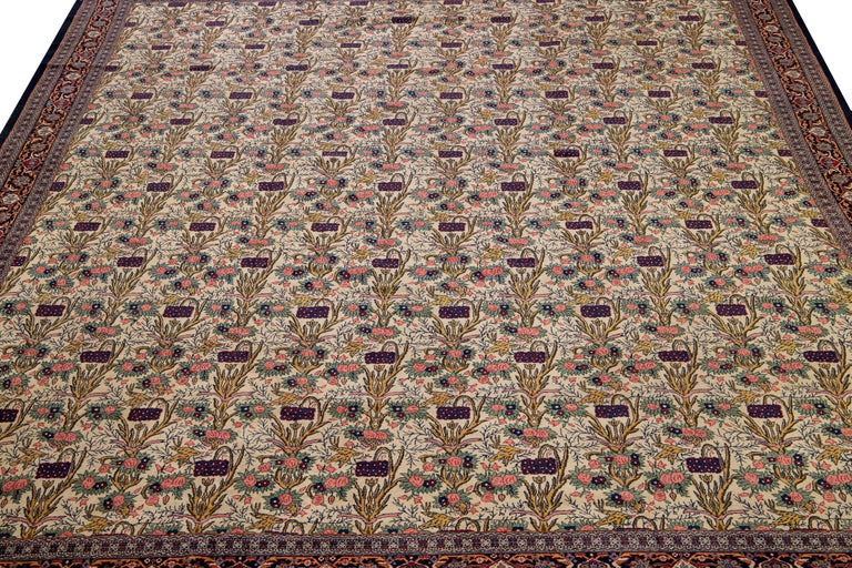 Antique Persian Tehran Handmade Multicolor Floral Pattern Beige Rug For ...