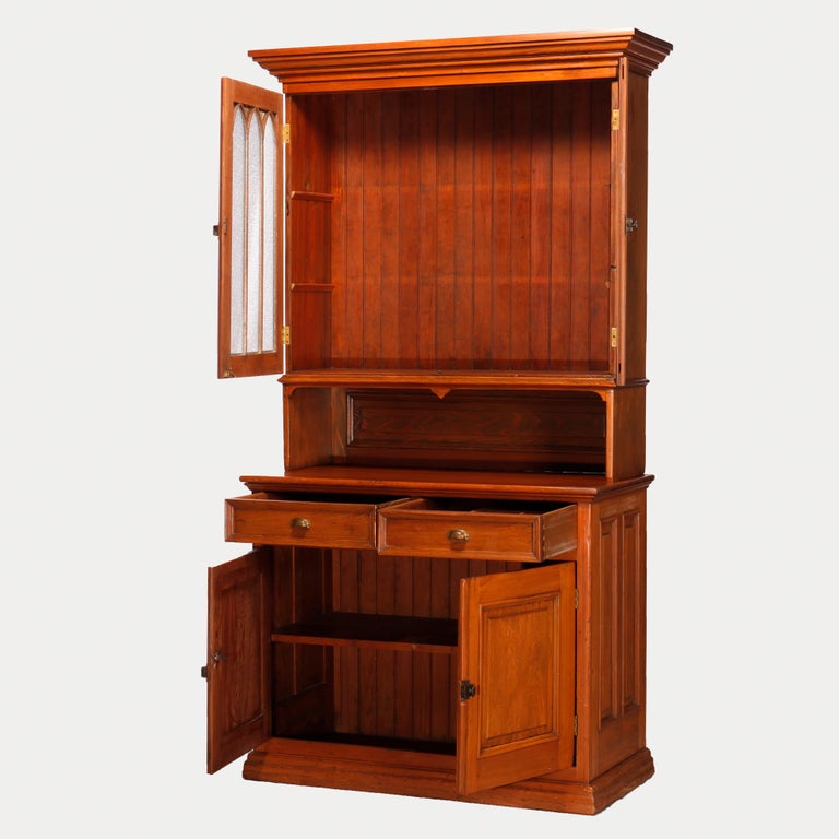Antique Pine Step Back Country Cupboard with Frosted Glass Doors, Circa ...