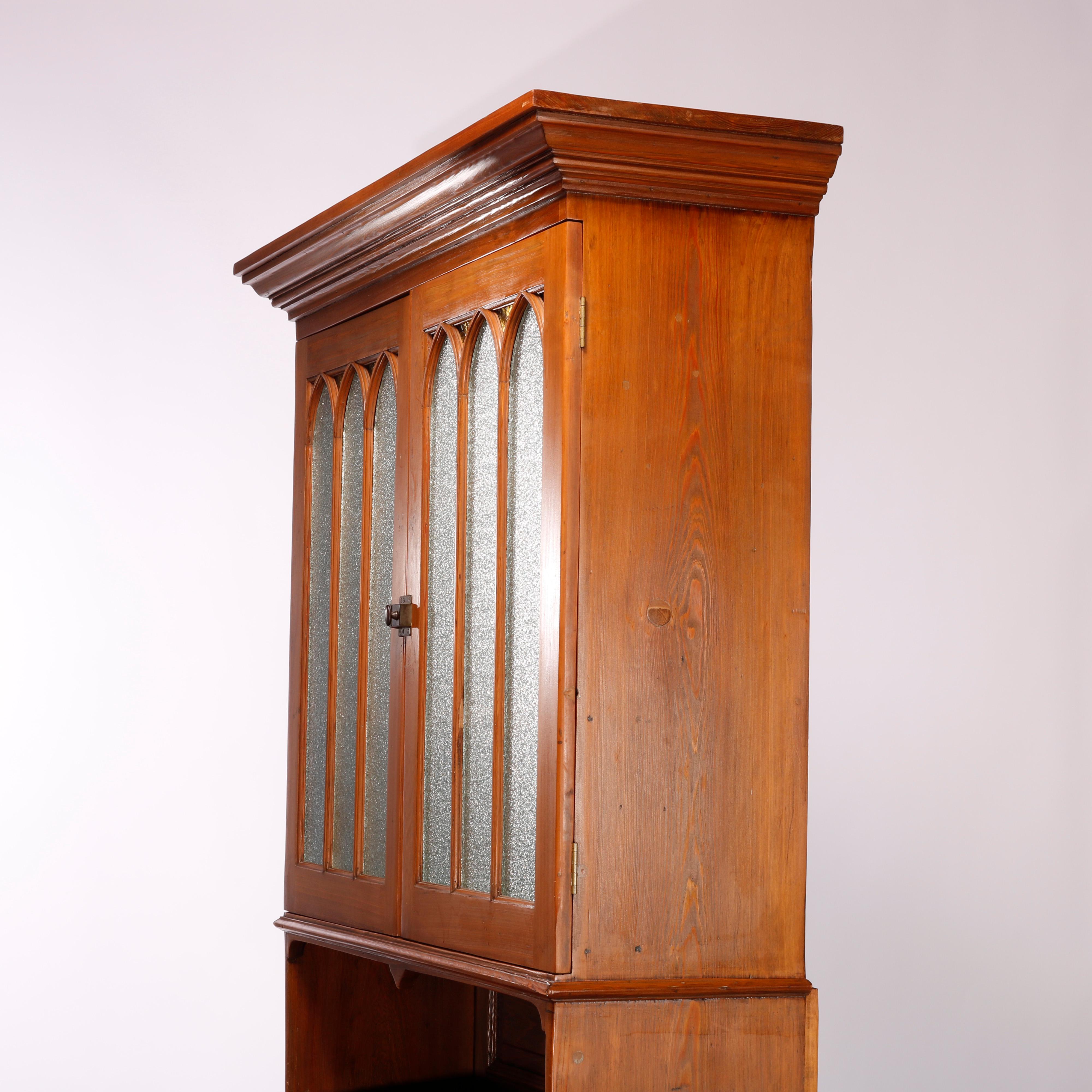 Antique Pine Step Back Country Cupboard with Frosted Glass Doors, Circa ...