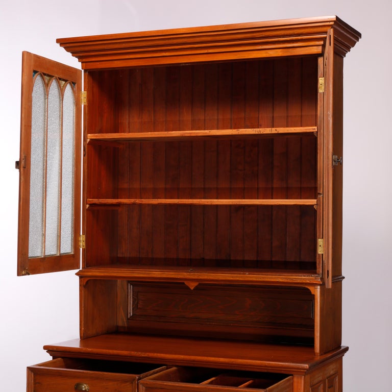 Antique Pine Step Back Country Cupboard with Frosted Glass Doors, Circa ...