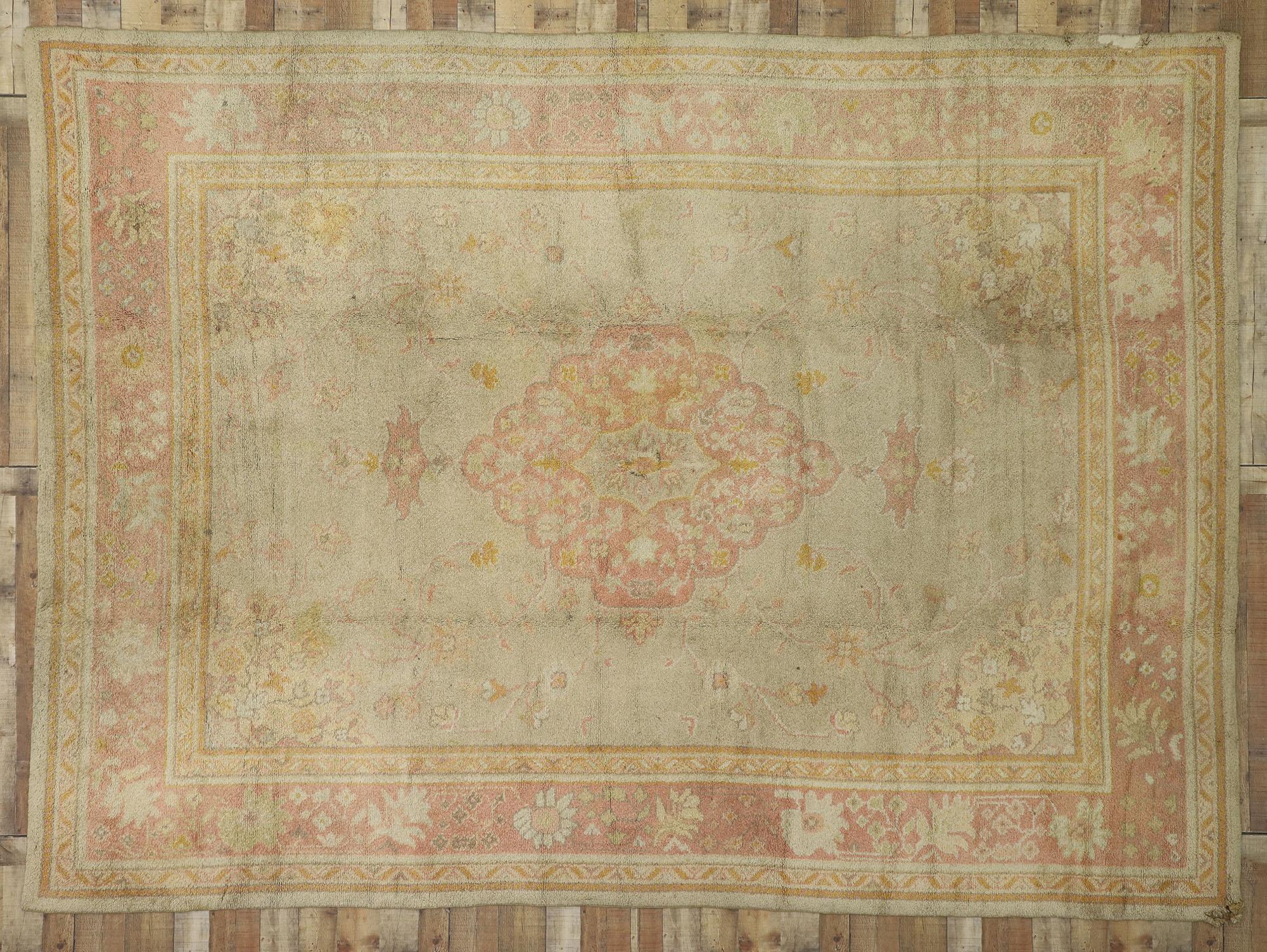 Antique Pink and Light Green European Oushak Rug For Sale at 1stDibs