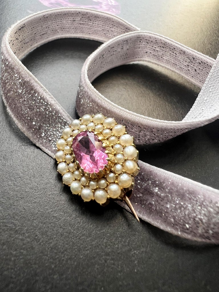 Antique Pink Tourmaline Seed Pearl Lace Pin Gold Brooch For Sale at 1stDibs