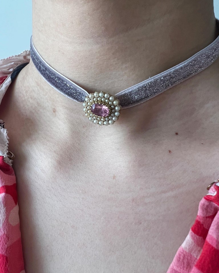 Antique Pink Tourmaline Seed Pearl Lace Pin Gold Brooch For Sale at 1stDibs