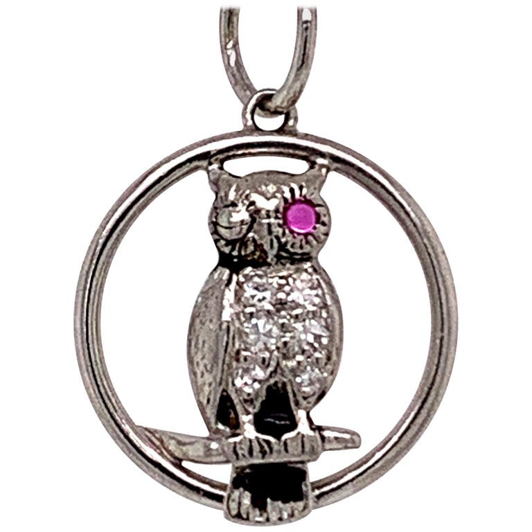 Antique Platinum Diamond and Ruby Owl Charm at 1stDibs
