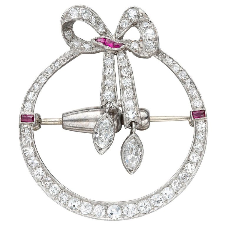 Antique Platinum Diamond and Ruby Pin, circa 1920's For Sale at 1stDibs