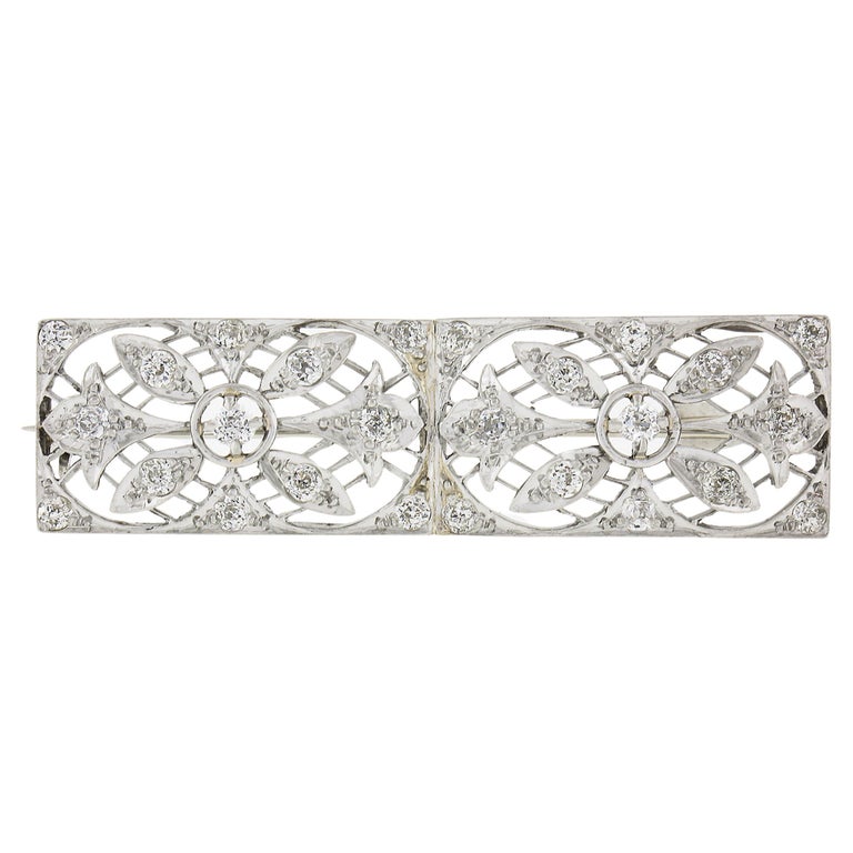 Antique Platinum Old European Cut Diamond Floral Open Rectangular Bar ...
