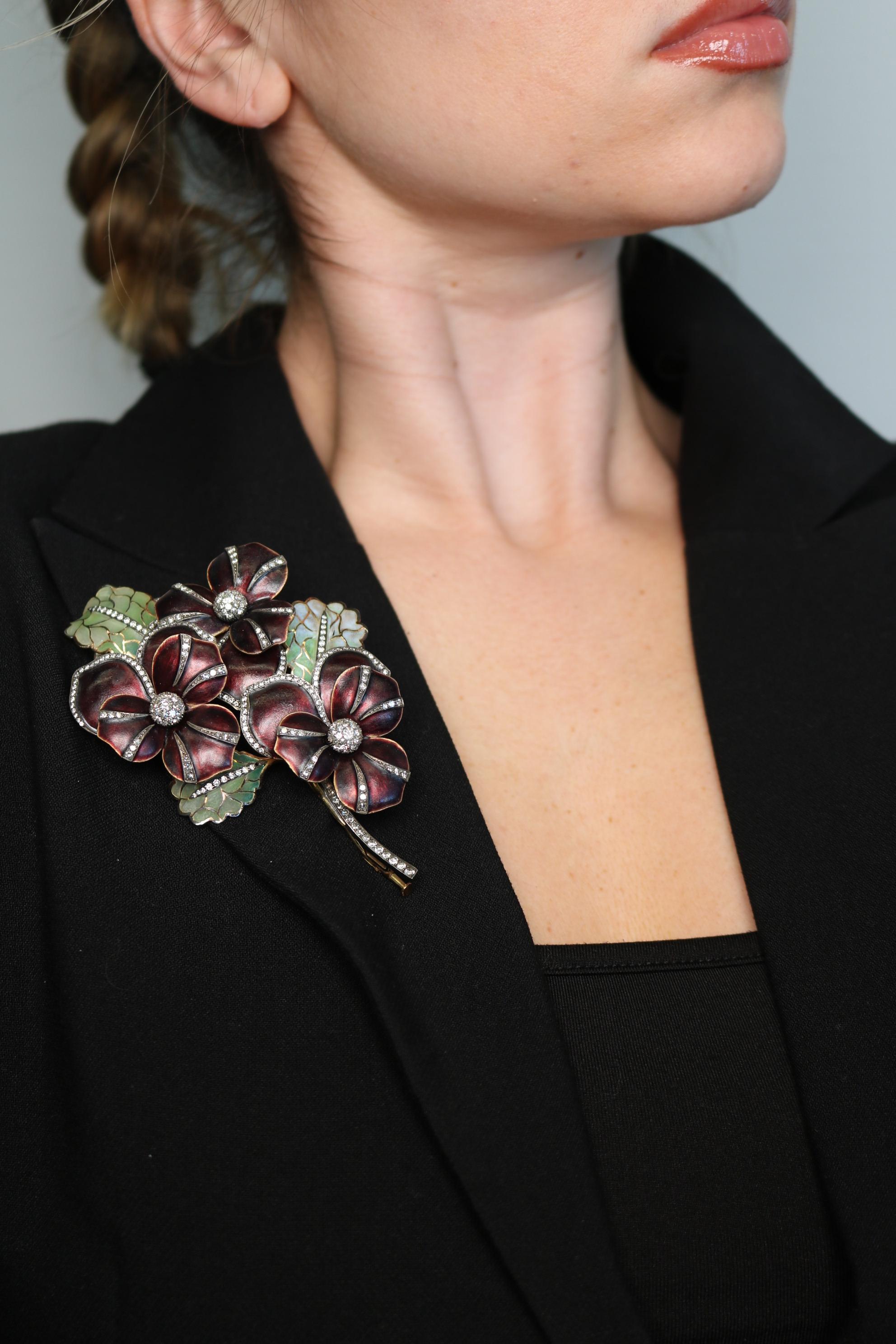 Antique Plique a Jour and Diamond Tremblant Moveable Flower Brooch 18 ...