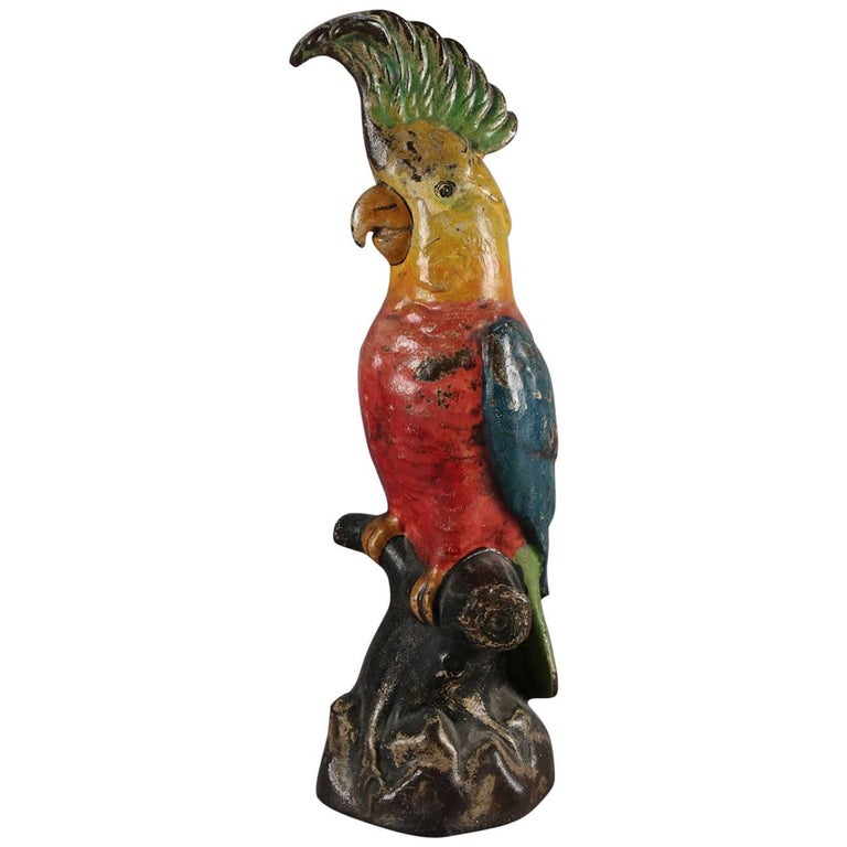 Antique Polychrome Figural Cast Iron Parrot Sculpture Doorstop, circa ...