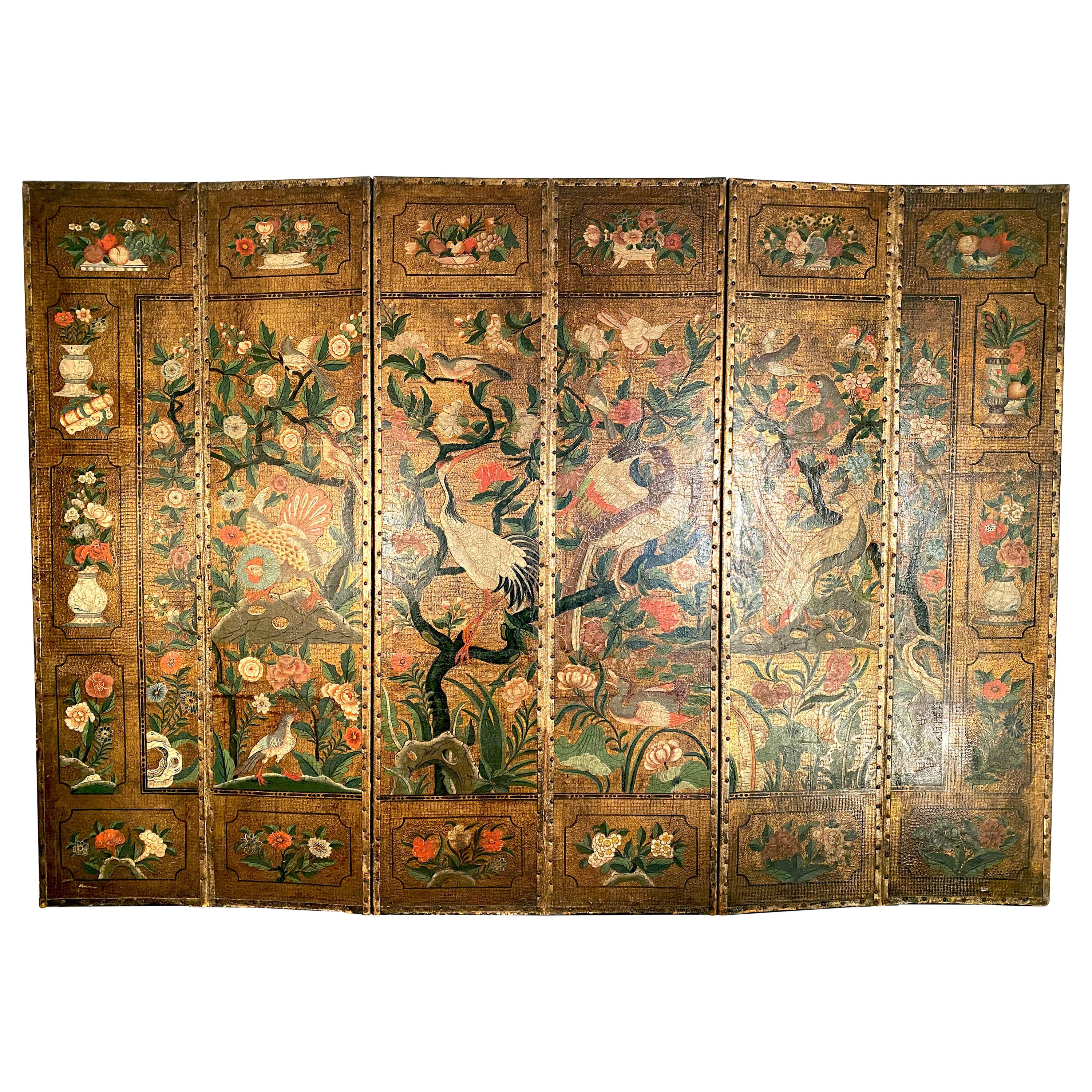 Antique English Tudor Rose Leather Studded Folding Screen, circa 1875 ...