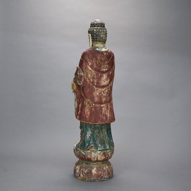 Antique Polychromed Carved Wood Buddha Figure 20th C For Sale at 1stDibs