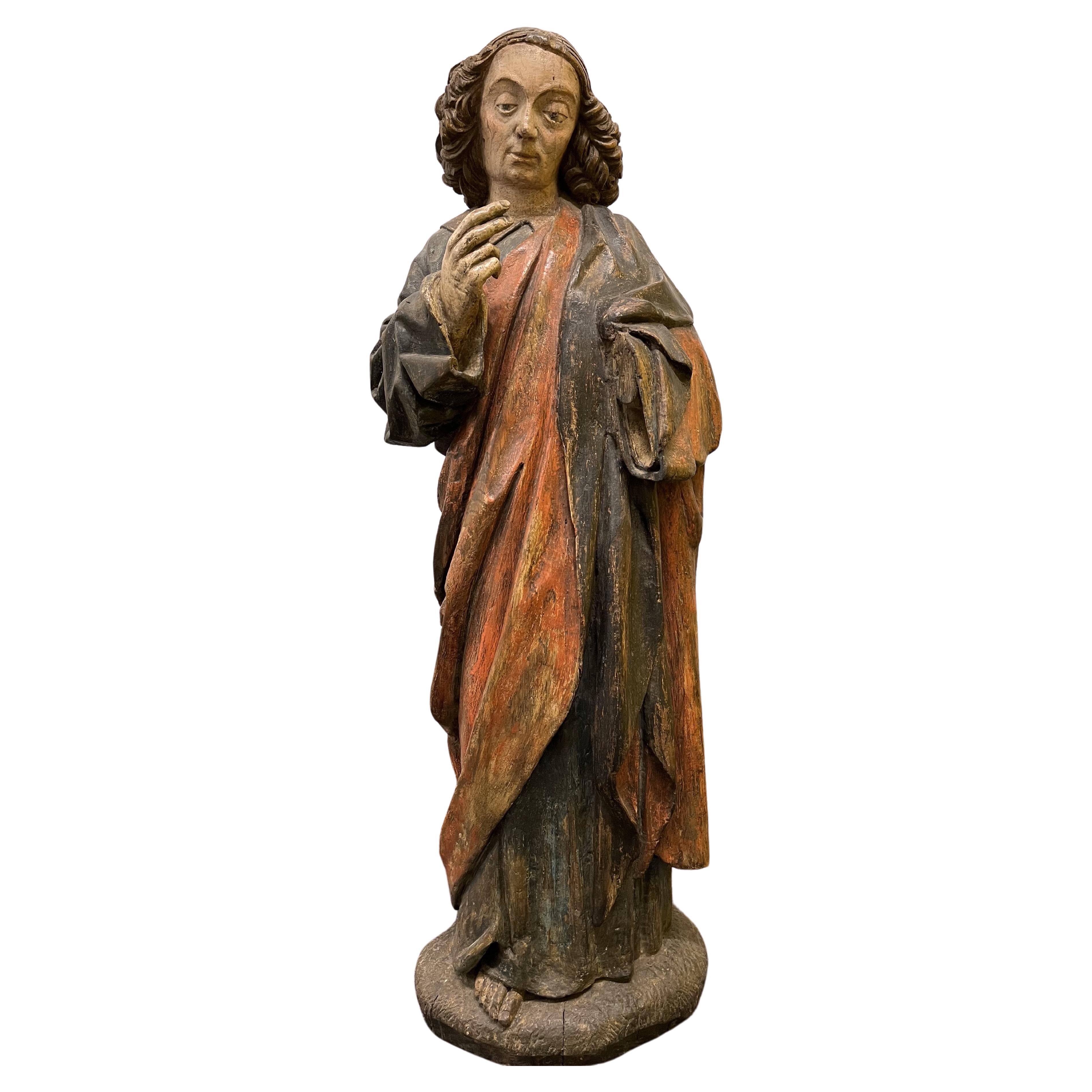 Antique Polychromed Wood Carving of a Saint For Sale at 1stDibs