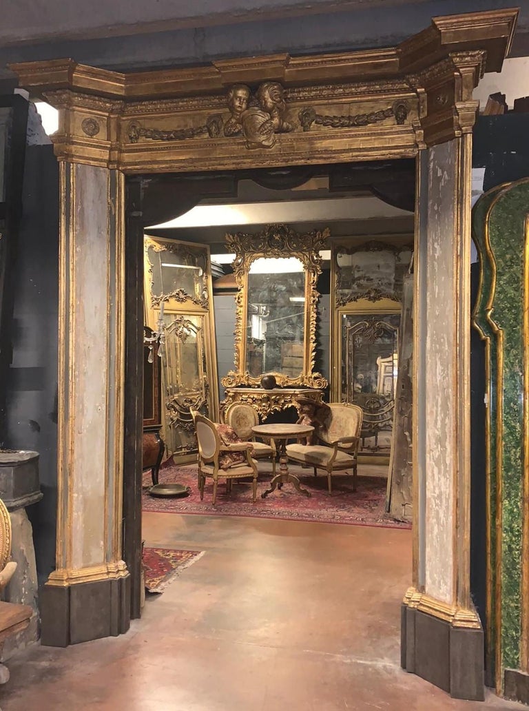Antique Portal Lacquered and Gilded Wood, Carved Cherubs and Festoons ...