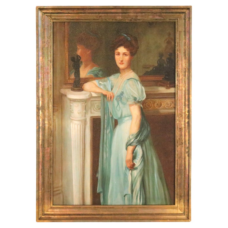 Antique Portrait Painting of a Woman in a Parlor Setting 20th Century ...