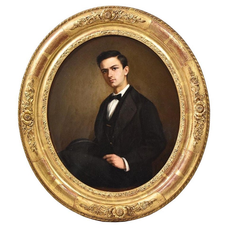 Antique Portrait Painting, Young Man Elegantly Dressed, Oval Painting ...