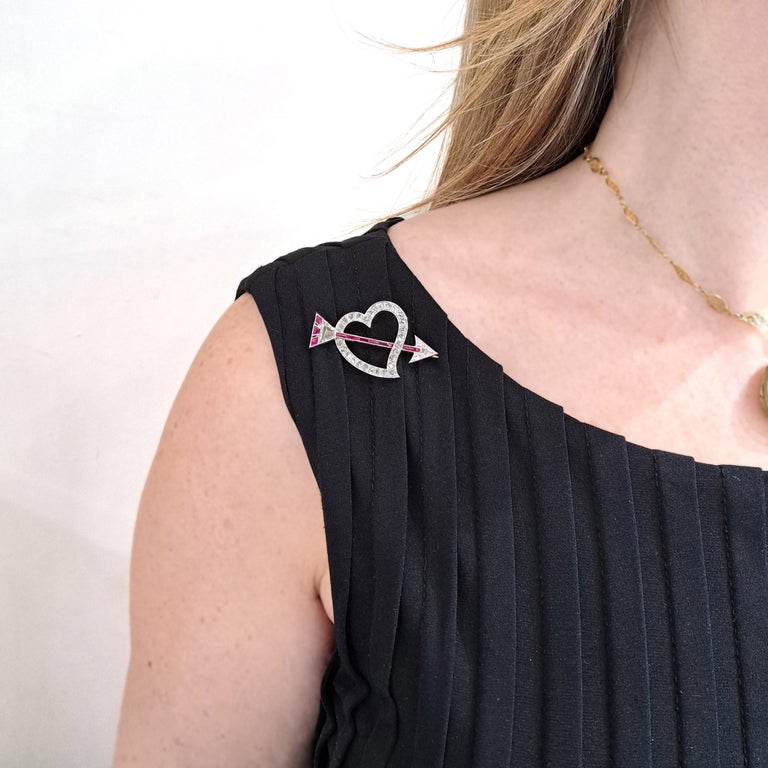 Antique Portuguese Diamond and Ruby Heart and Arrow Brooch, circa 1930 ...