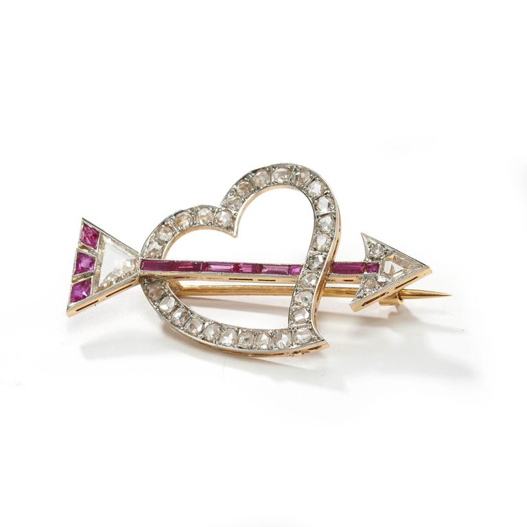 Antique Portuguese Diamond and Ruby Heart and Arrow Brooch, circa 1930 ...