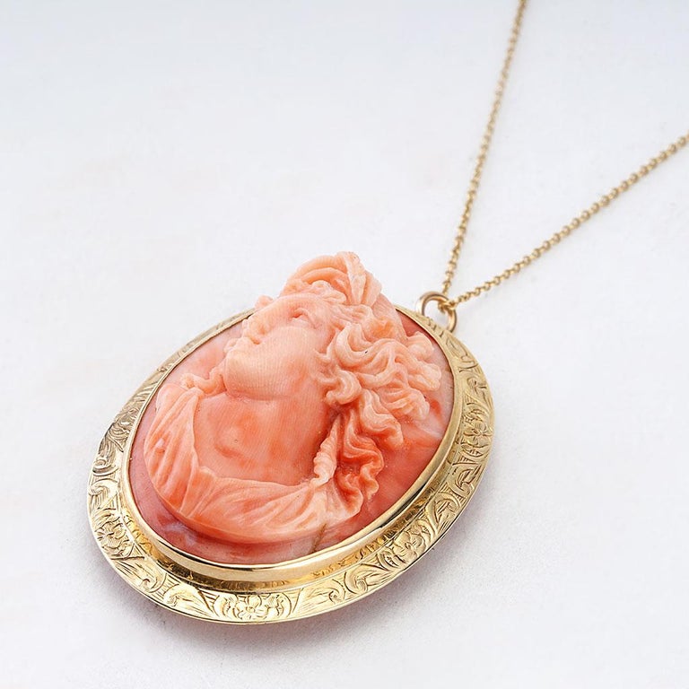 Antique Precious Red Coral Cameo Pin Brooch In 14K Yellow Gold For Sale ...