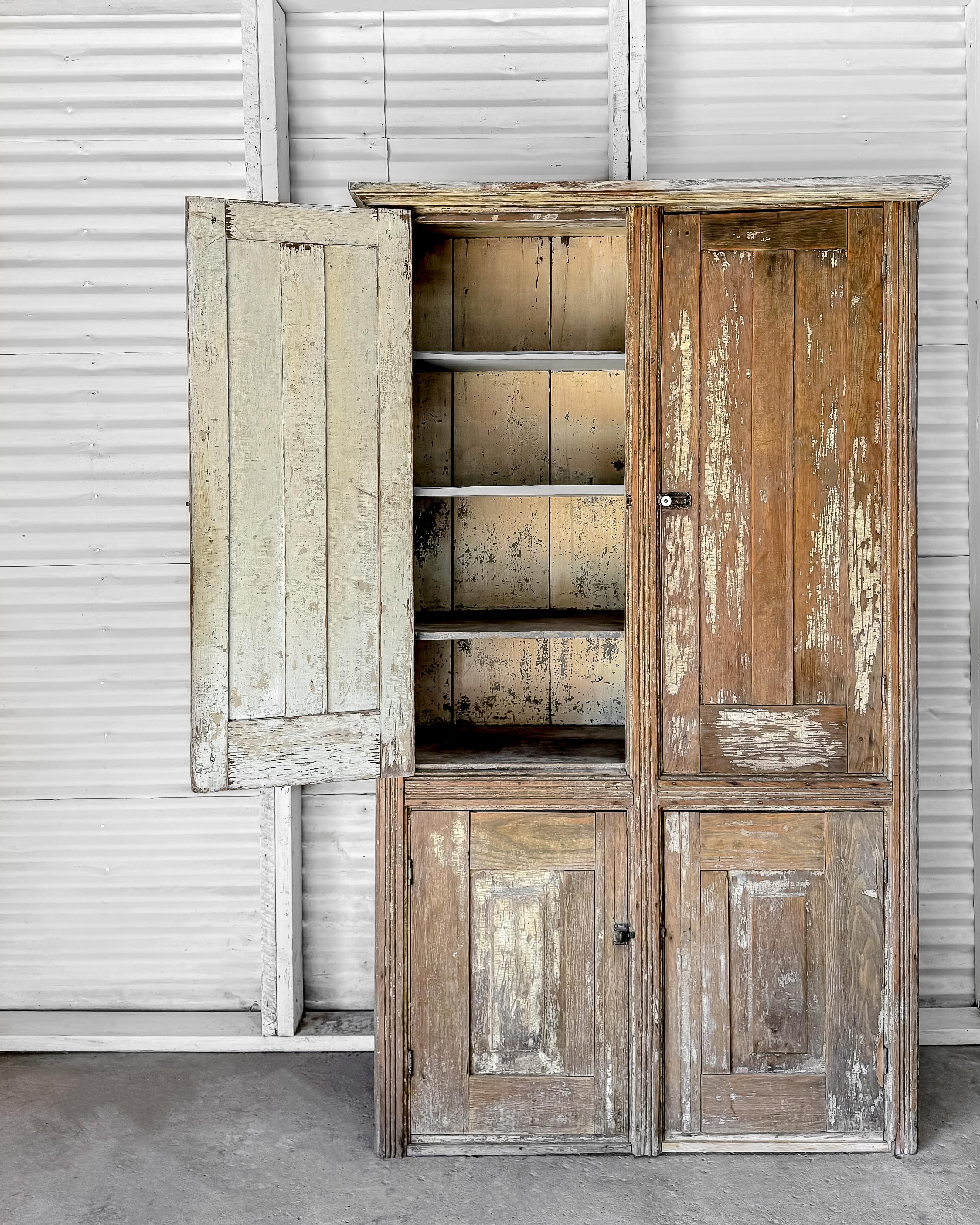 Antique Primitive 4 Door Cupboard with Worn Paint For Sale at 1stDibs