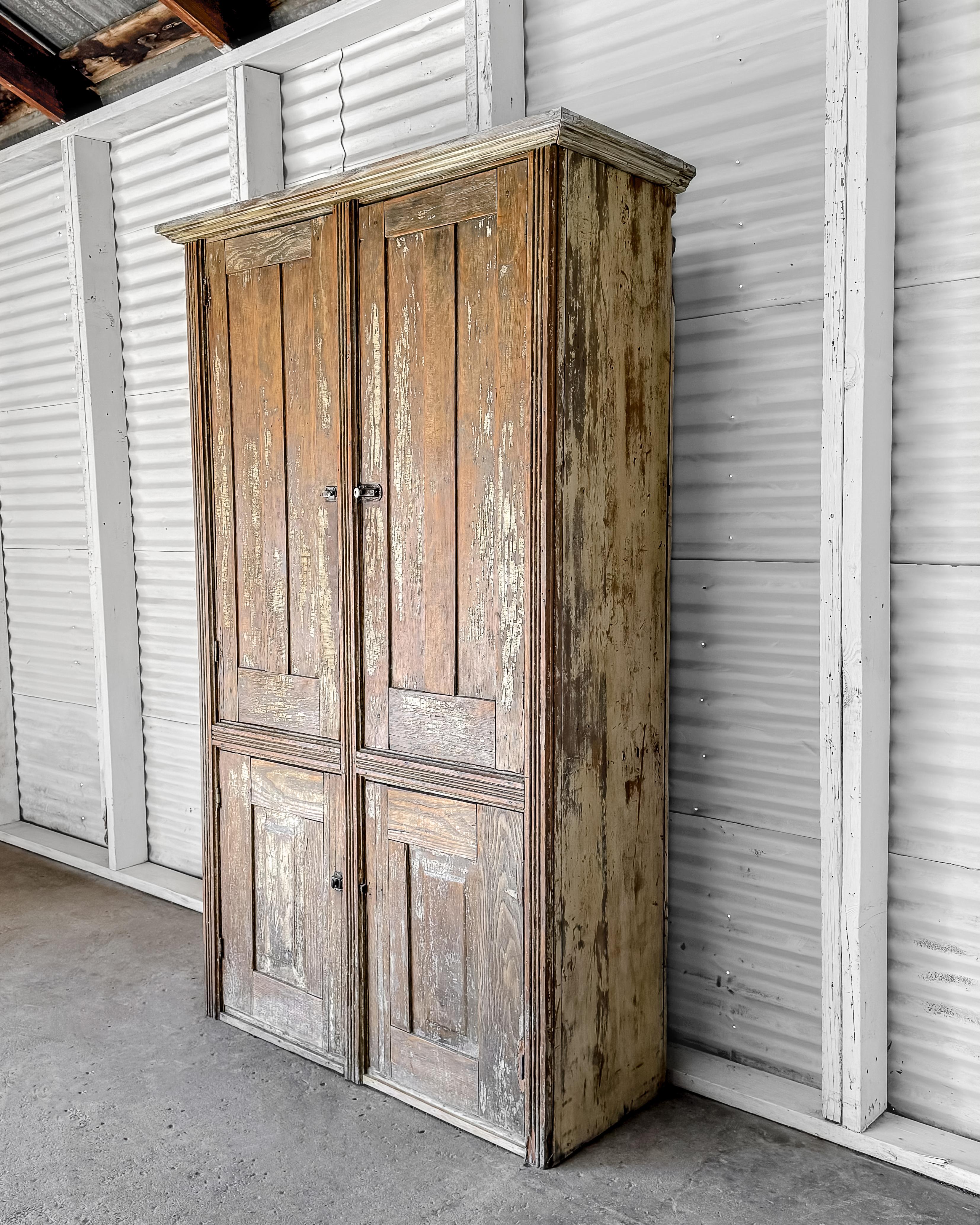 Antique Primitive 4 Door Cupboard with Worn Paint For Sale at 1stDibs