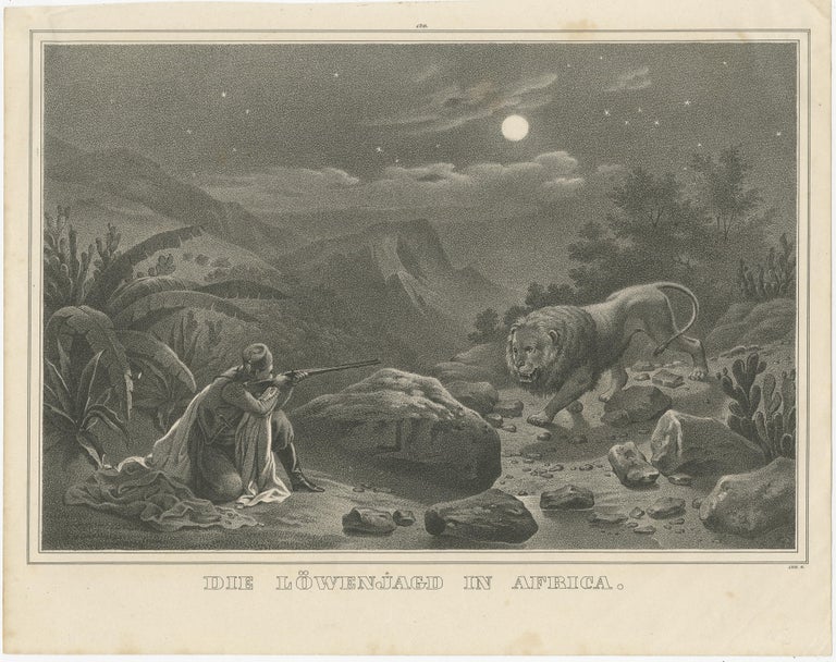 Antique Print of a Lion Hunt in Africa For Sale at 1stDibs